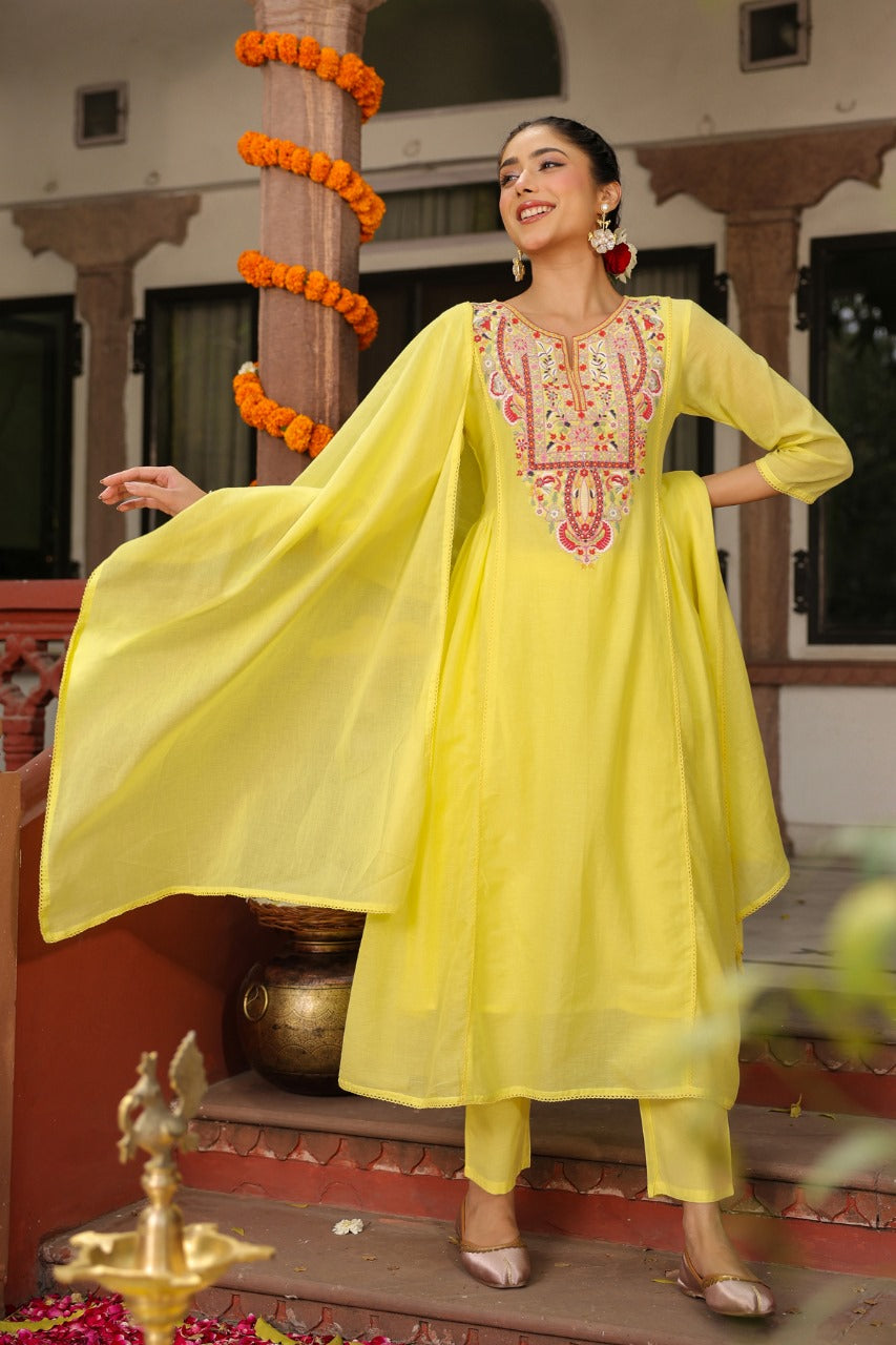 Pure Mull Cotton A- Line 3 pc Suit With Premium Embroidery Work in Pas ...